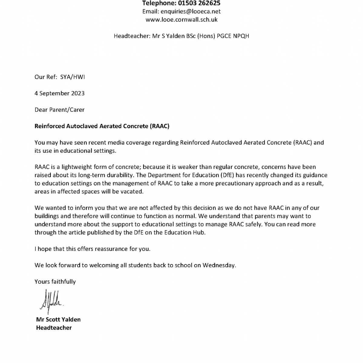 Looe Community Academy - Whole school letter - Reinforced Autoclaved ...